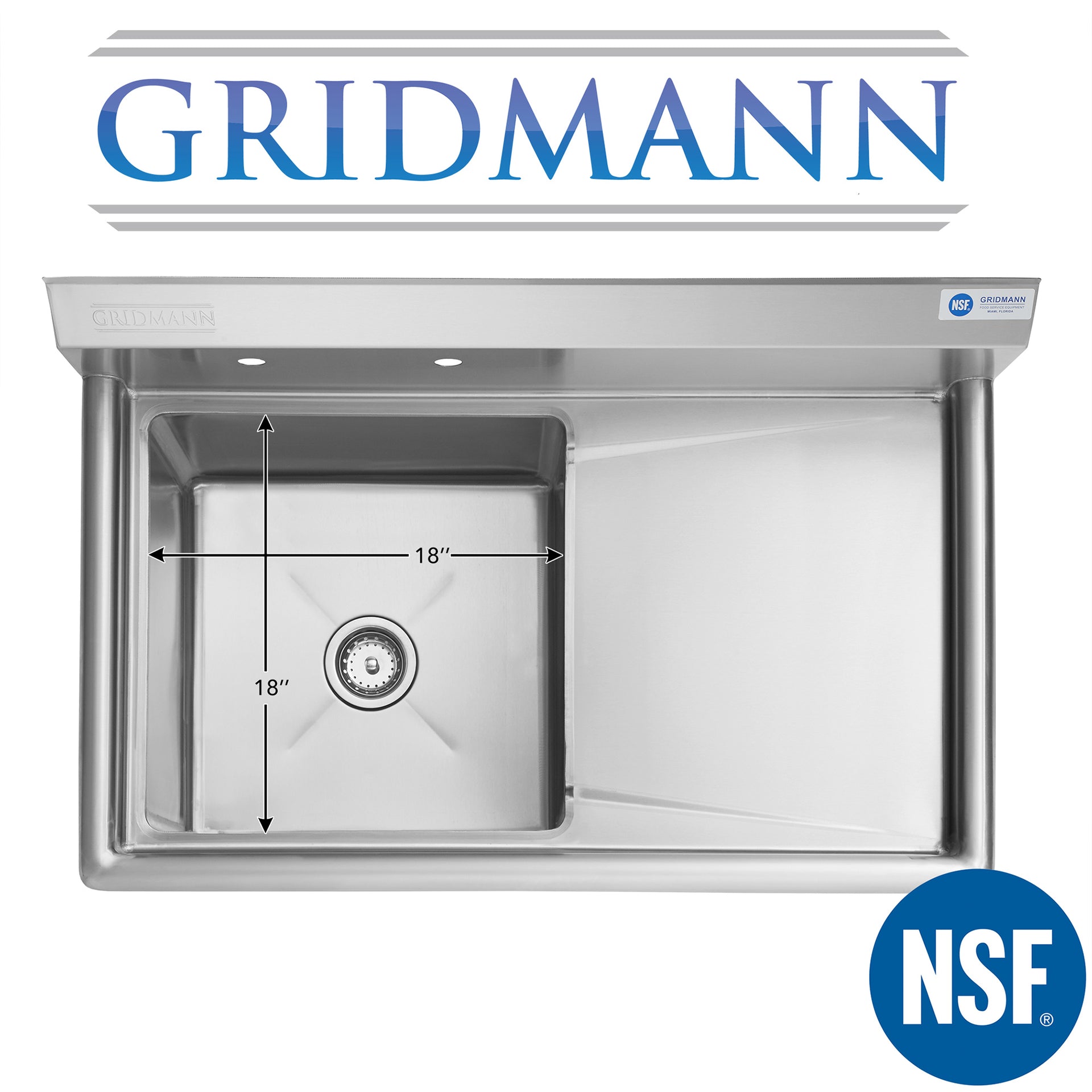 18 Inch NSF Stainless Steel Sink with Drainboard – Gridmann.com