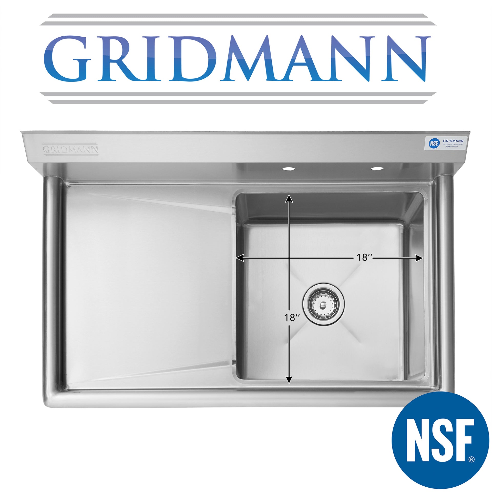 18 Inch NSF Stainless Steel Sink with Drainboard – Gridmann.com