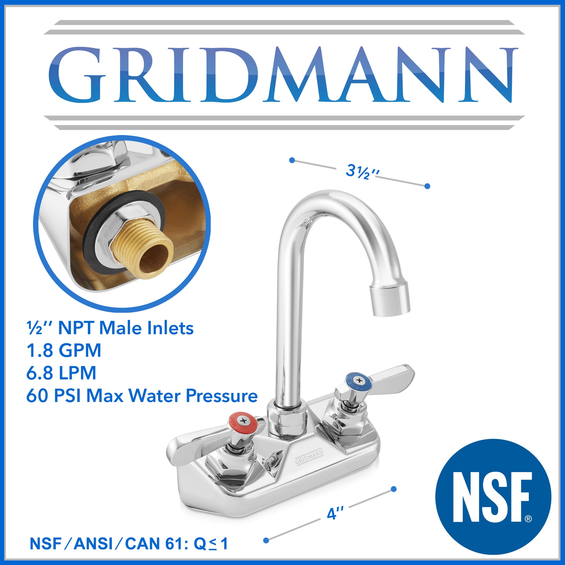 Wall Mount Sink Faucet with 4" Center and 3-1/2" Swivel Gooseneck Spou ...