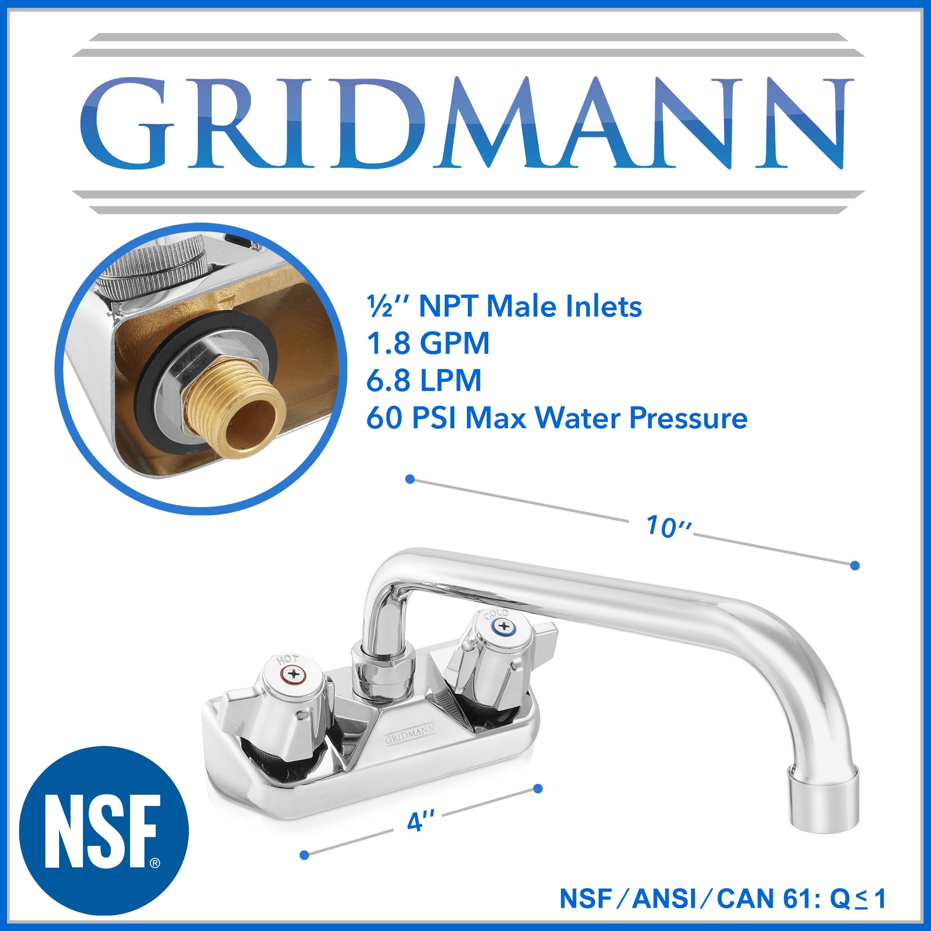 Wall Mount Sink Faucet with 4" Center and 10" Swing Spout – Gridmann.com