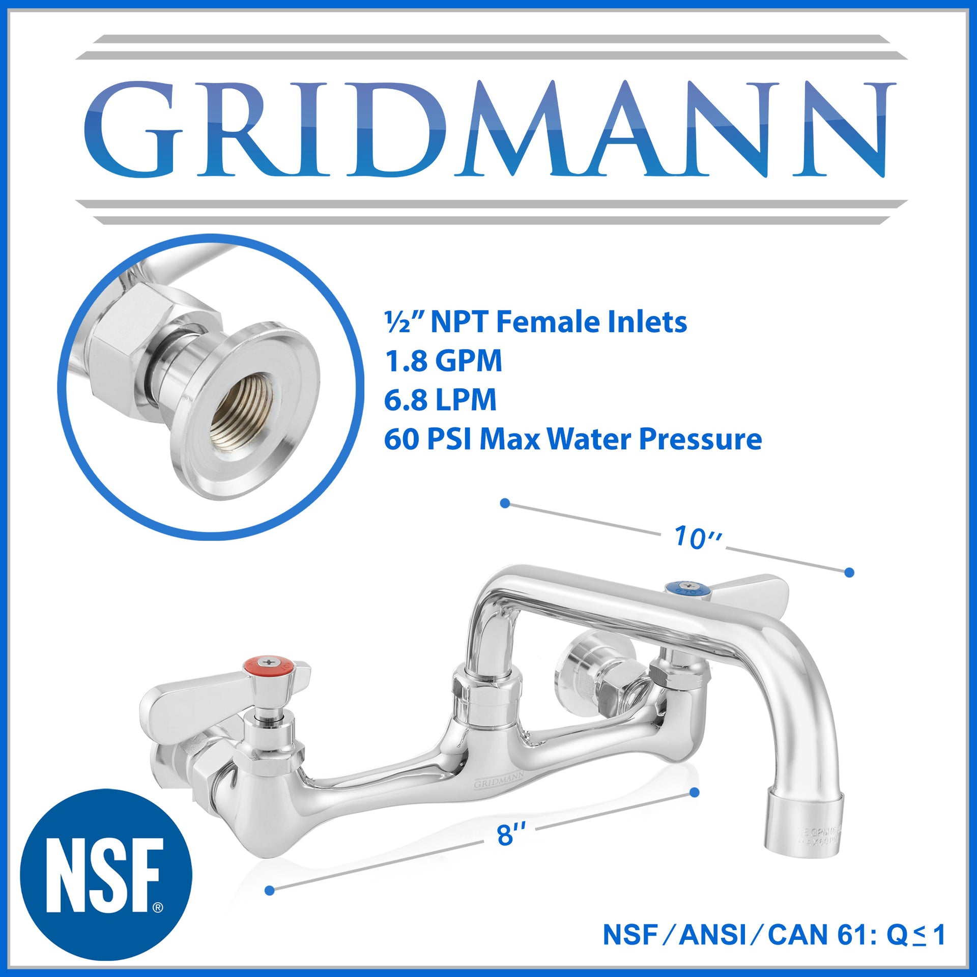 Wall Mount Sink Faucet with 8" Center and 10" Swing Spout – Gridmann.com