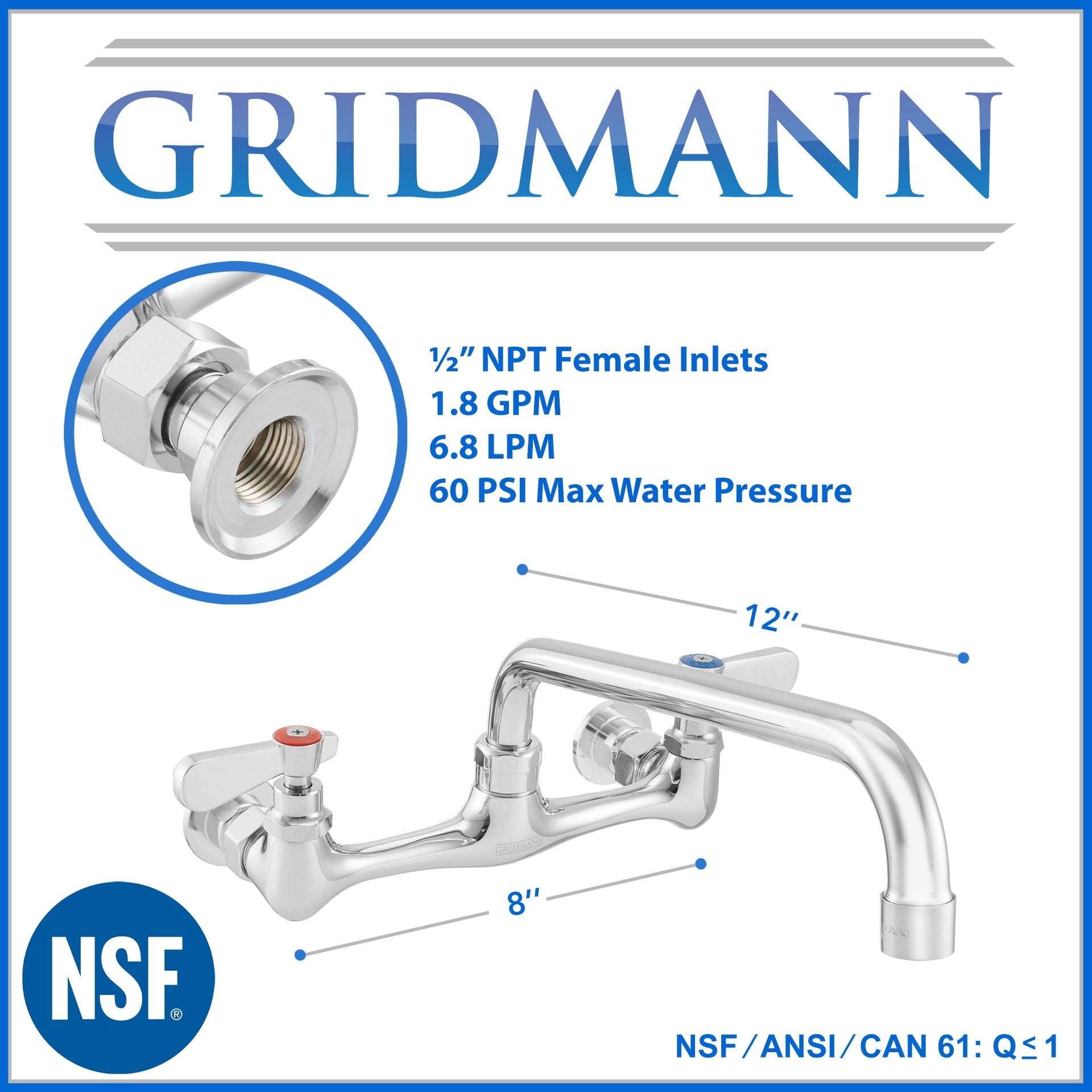 Wall Mount Sink Faucet with 8" Center and 12" Swing Spout – Gridmann.com