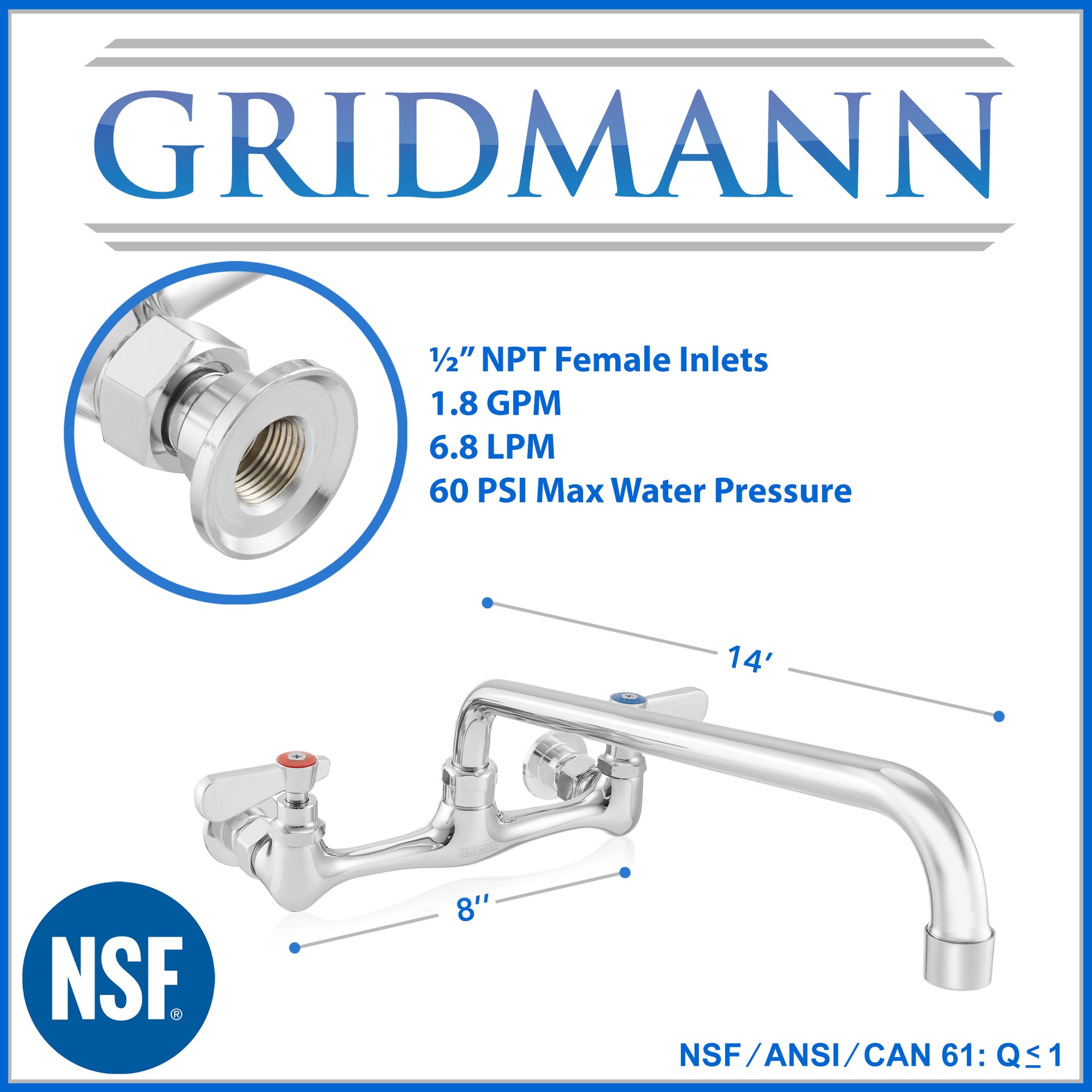 Wall Mount Sink Faucet with 8" Center and 14" Swing Spout – Gridmann.com